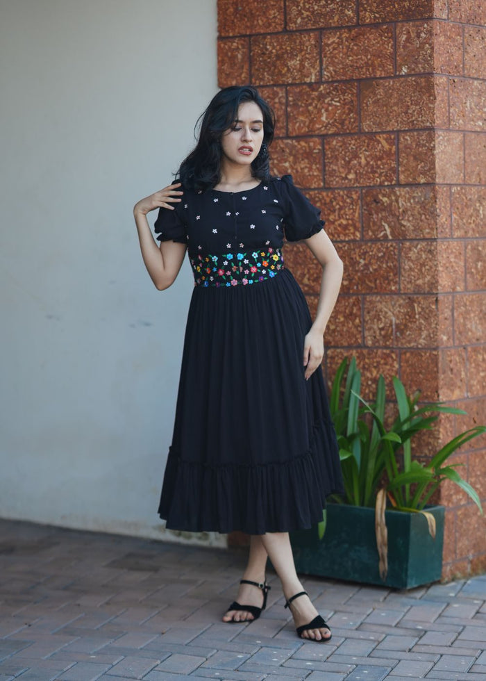 Women's black & multicolour floral hand embroidery dress