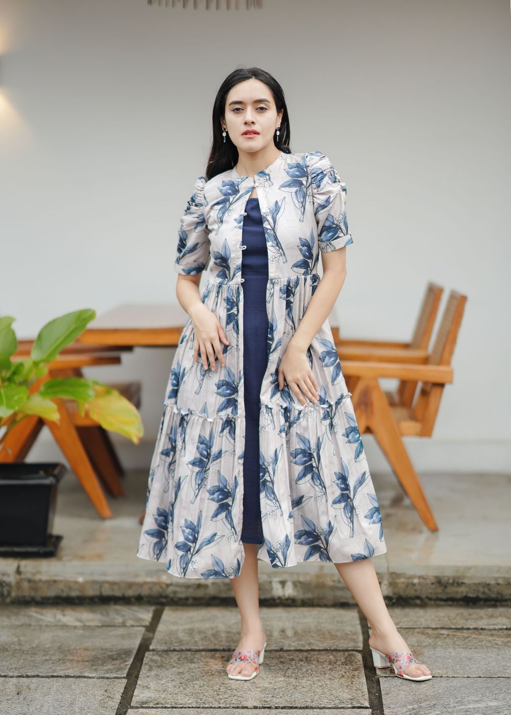 Women's navy blue & cream, black linen long shrug dress