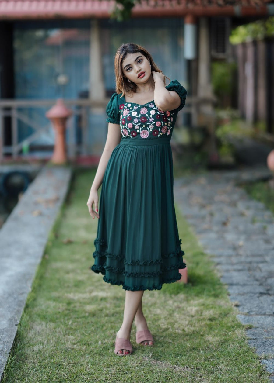Women's bottle green & multicolour embroidery dress
